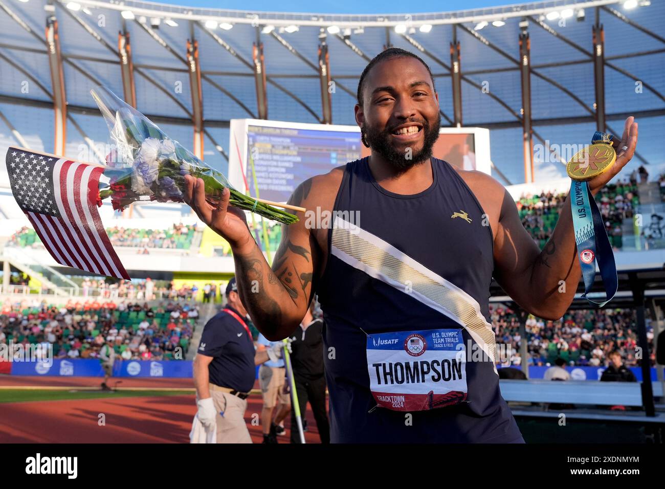 Curtis Thompson Celebrates after winning the men's javelin throw final ...