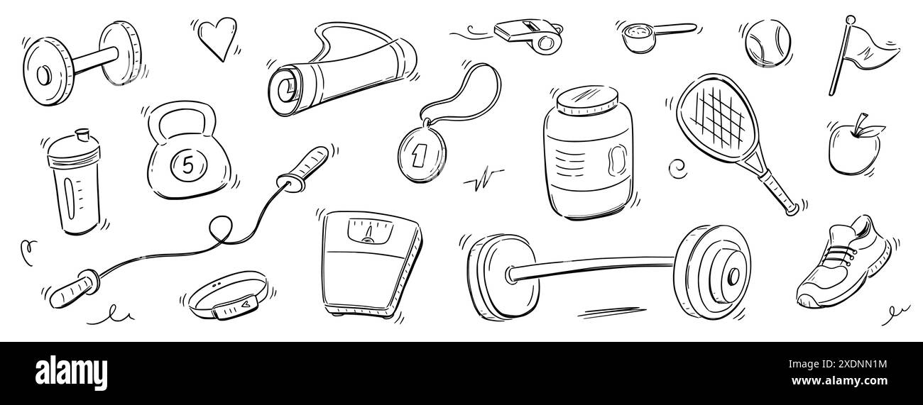 Sport gym sketch icon set. Hand drawn sketch doodle healthy sport, gym ...