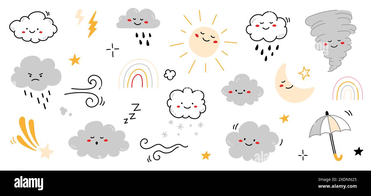 Cloud rain weather cartoon cute set. Cloud, sun, moon weather character ...