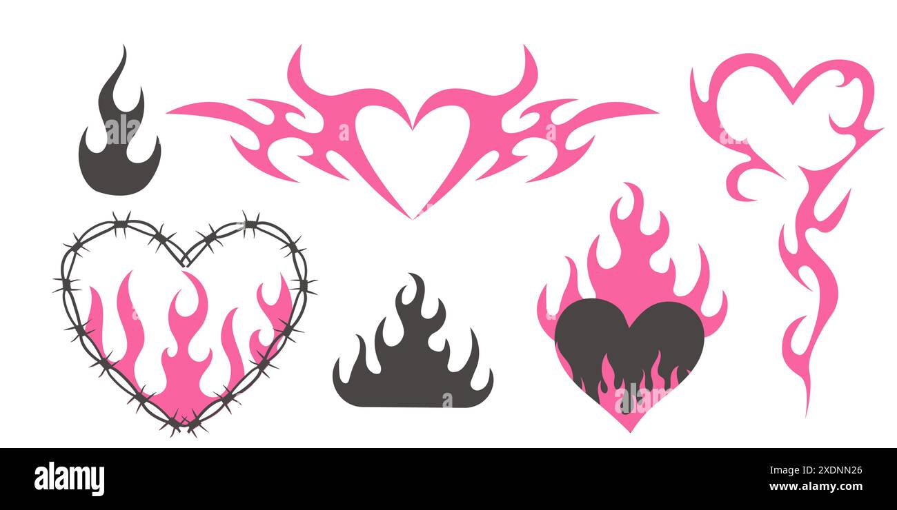 Set Wire Barb heart, oval frame y2k tattoo border, flame silhouette ...