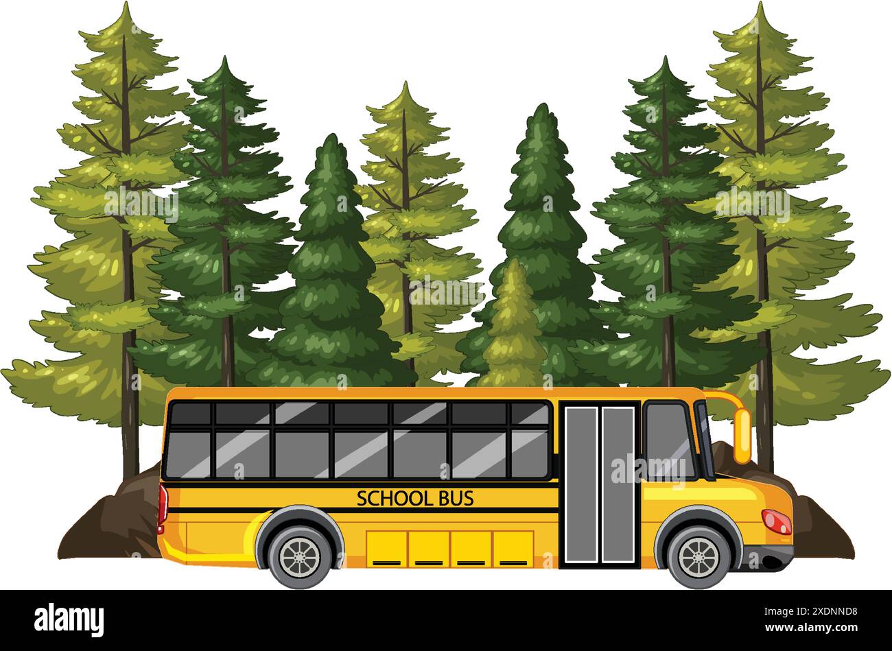 Yellow school bus parked among tall trees Stock Vector Image & Art - Alamy