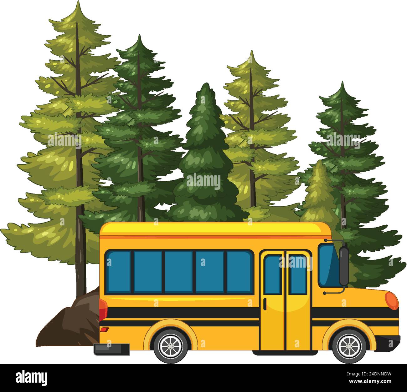 Yellow school bus parked among tall trees Stock Vector Image & Art - Alamy