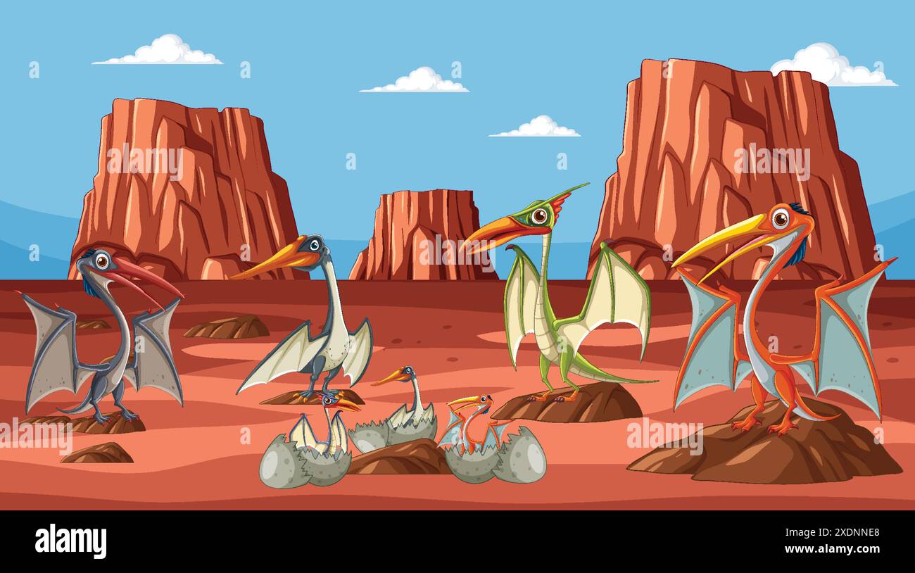 Pterodactyls with eggs in a rocky desert Stock Vector Image & Art - Alamy
