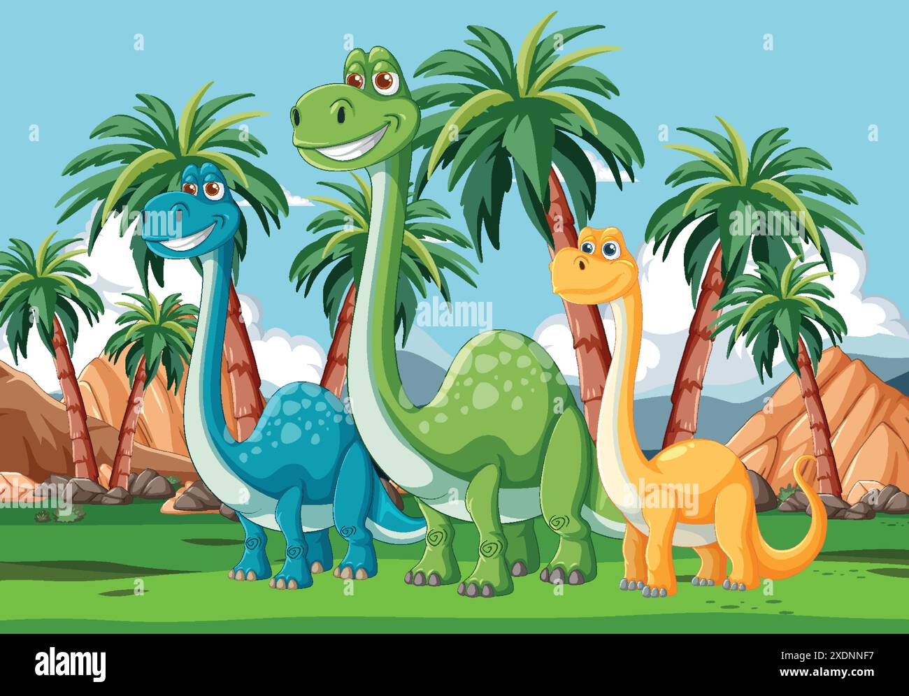 Three dinosaurs smiling among palm trees Stock Vector Image & Art - Alamy