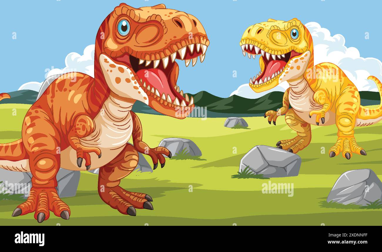 Two dinosaurs in a vibrant prehistoric scene Stock Vector Image & Art ...