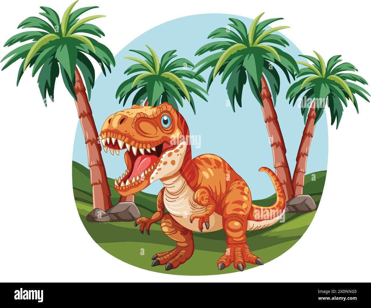 Smiling dinosaur surrounded by palm trees Stock Vector Image & Art - Alamy