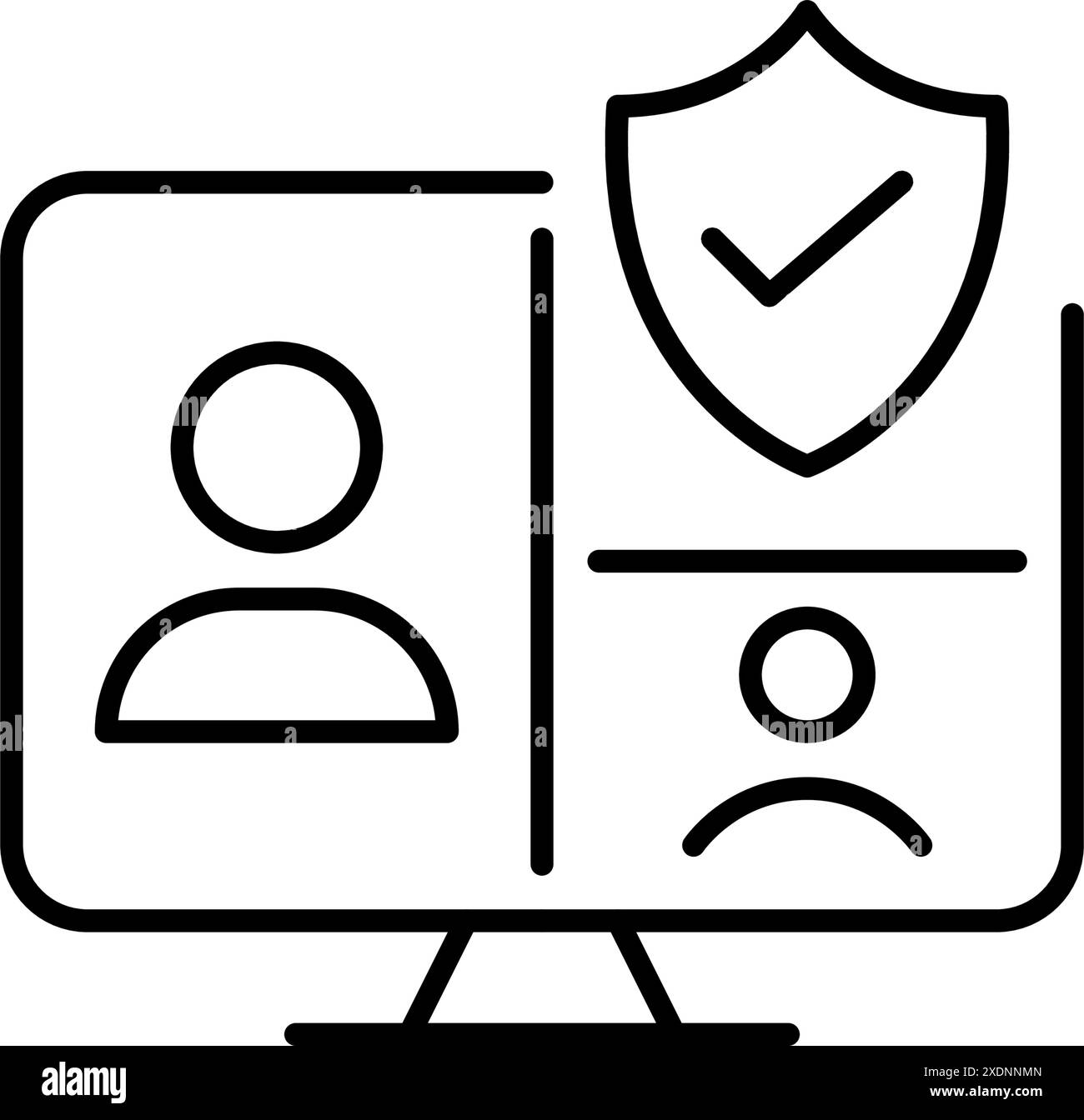 Secure video conference. Group call interface, shield and checkmark on computer monitor ...