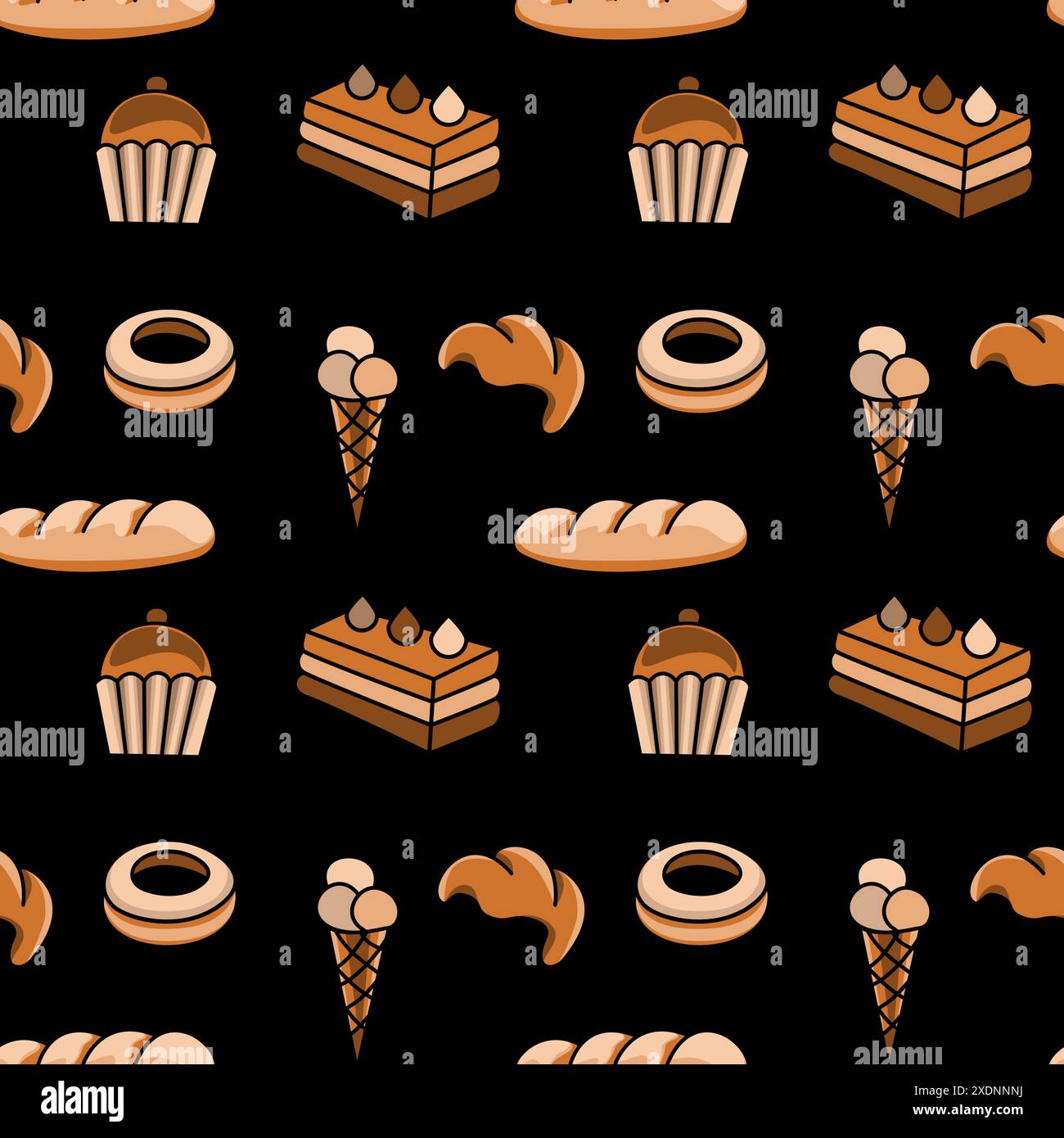 Seamless food pattern with different types of bakery. Vector ...