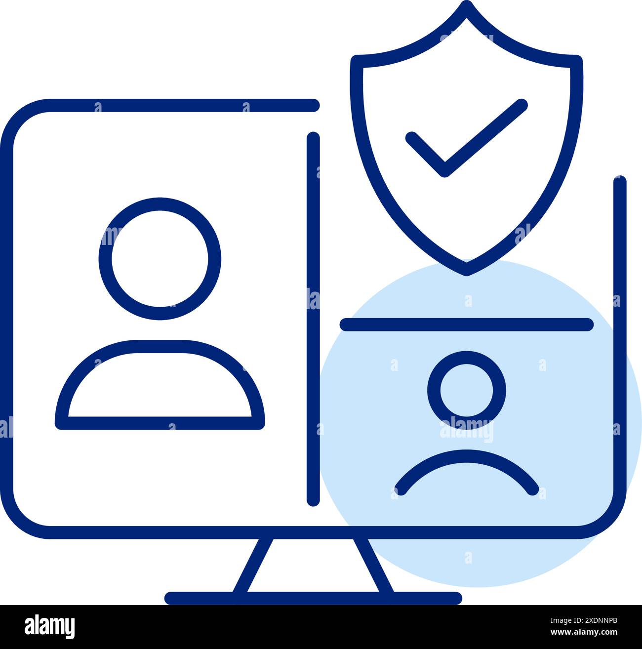 Secure video conference. Group call interface, shield and checkmark on ...