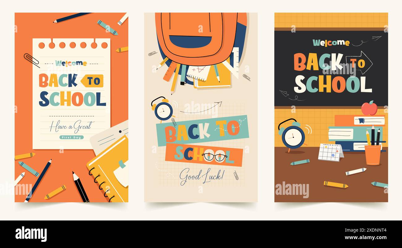 Colorful Back to School Posters with Stationery, Books, and Chalkboard ...