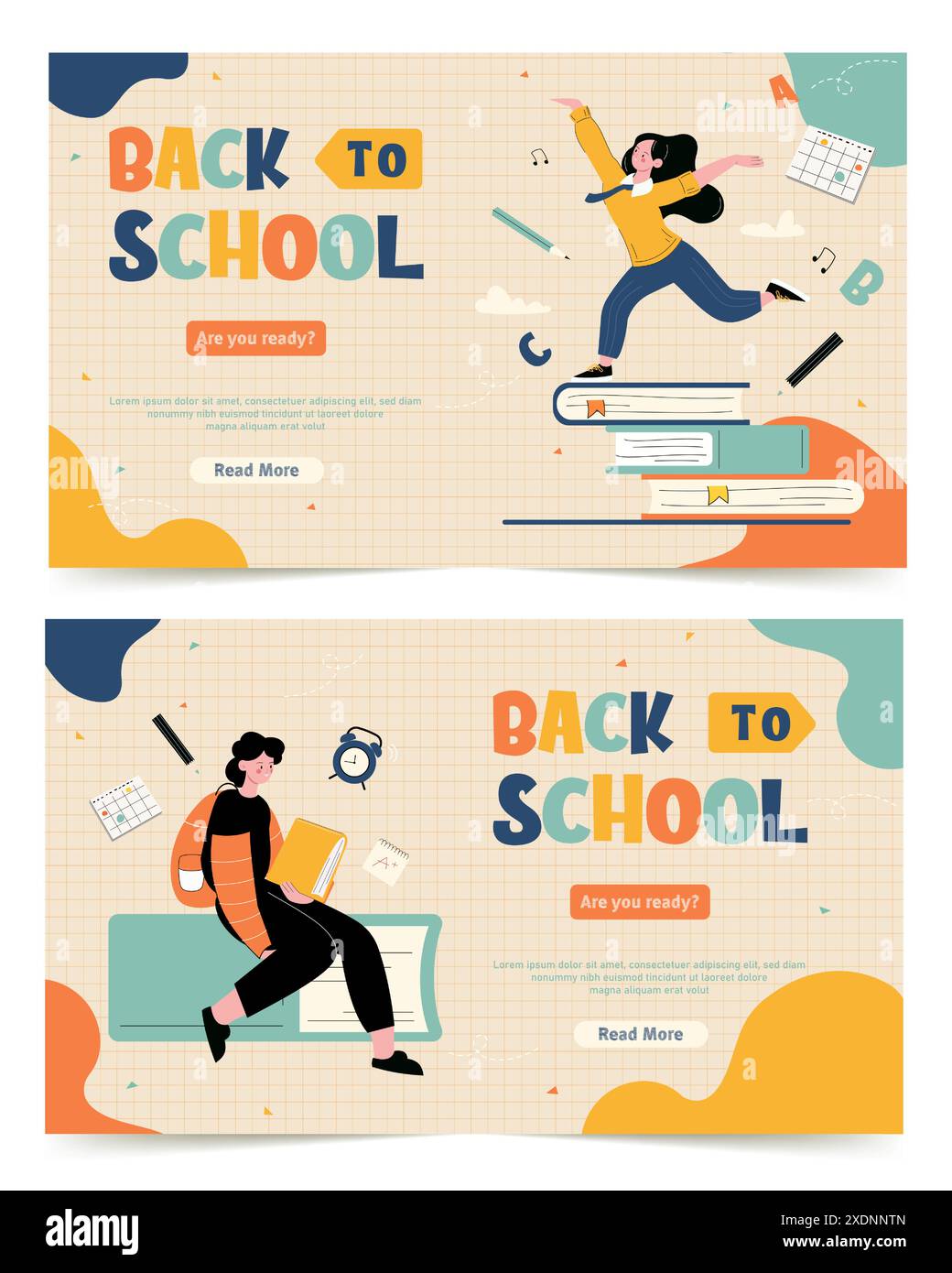 Colorful Back to School Illustrations with Happy Students and School ...