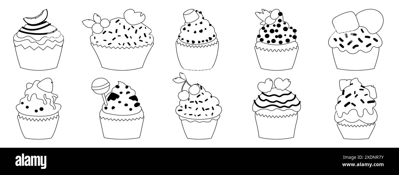 Black and white coloring page featuring various cupcakes with different ...