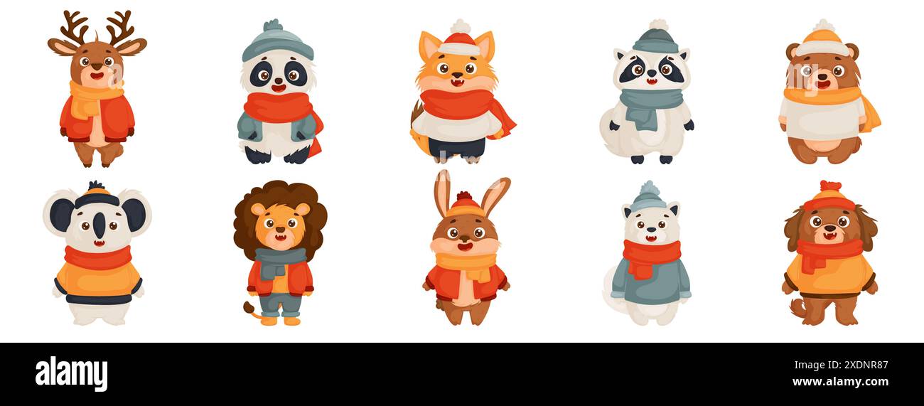 Collection of adorable winter animal characters wearing cozy outfits ...