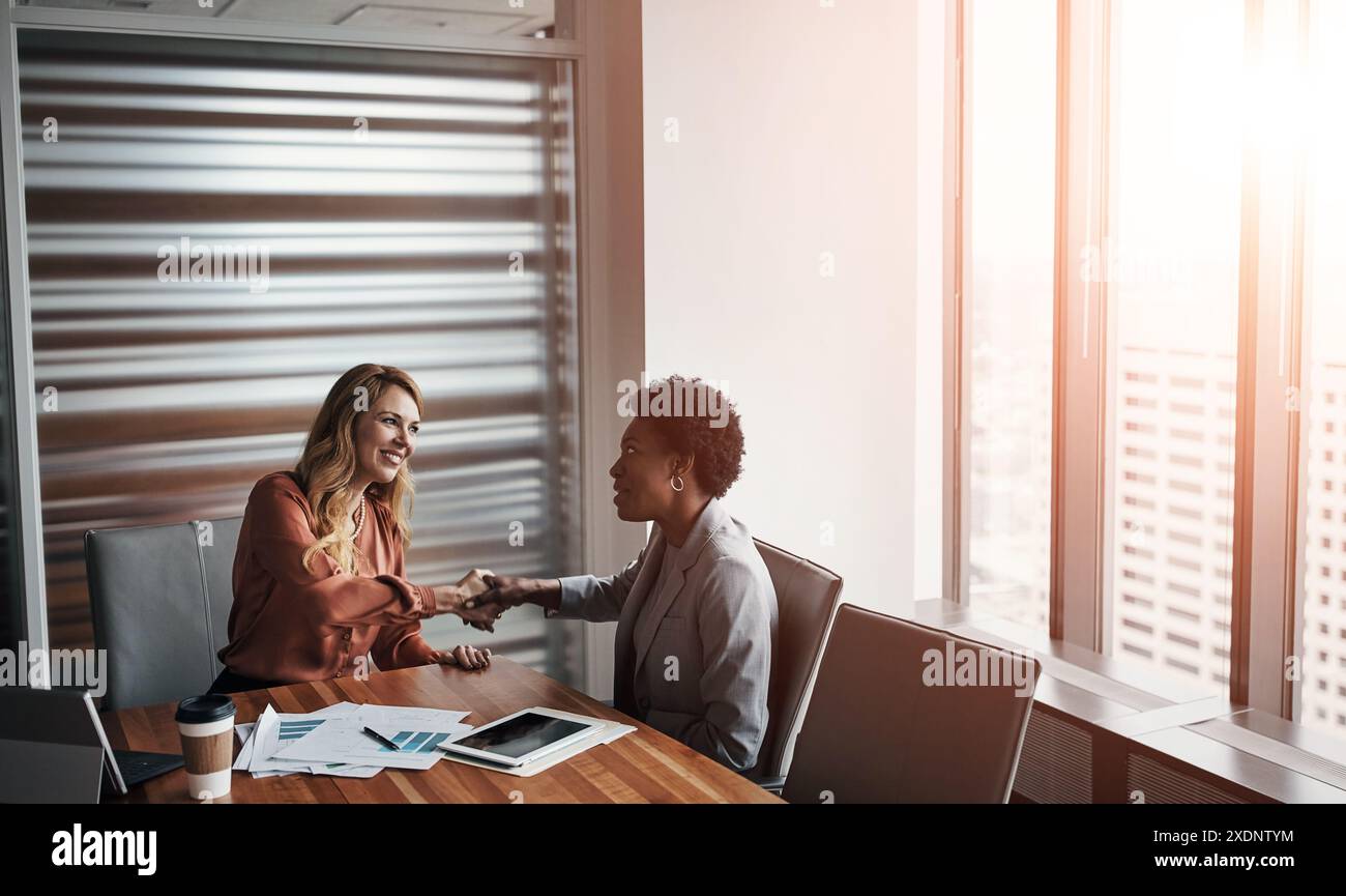 Job interview, handshake or business people in office with documents ...