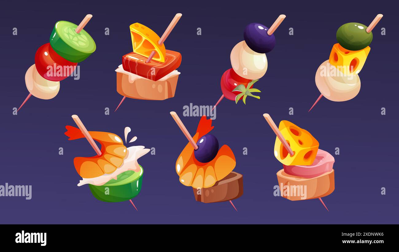 Finger food on toothpick skewer. Cartoon vector set of canape appetizer ...