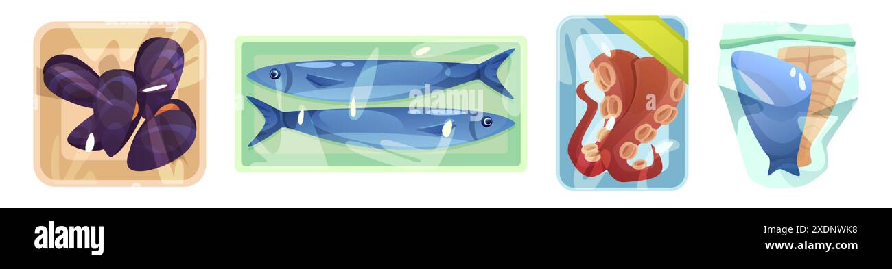 Frozen or chilled seafood covered with polyethylene transparent wrap ...