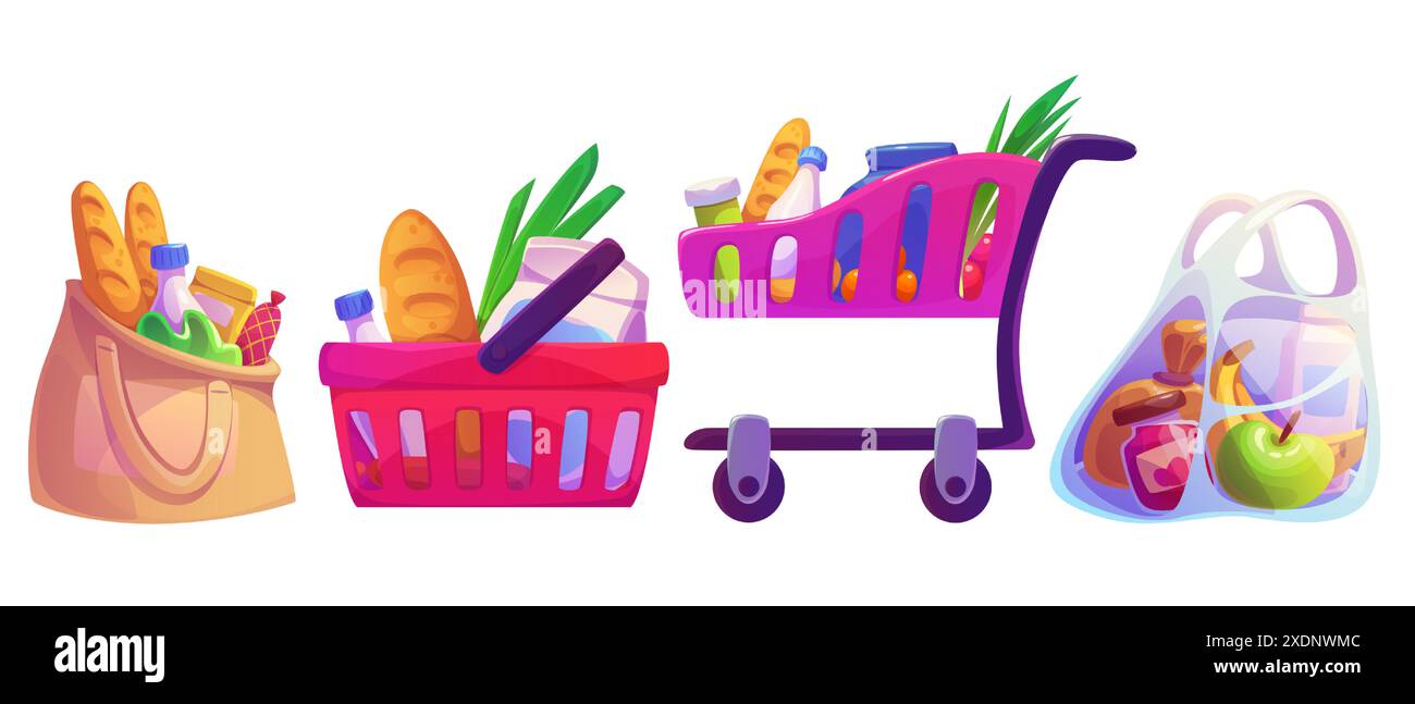 Grocery shop cart, basket, bag set isolated on white background. Vector ...