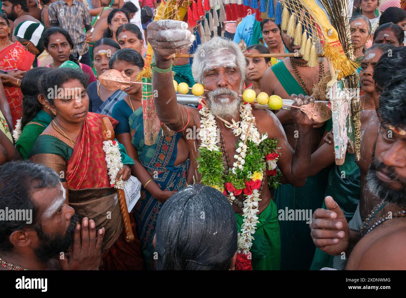 A guru with body piercing celebrate on the beach in Tiruchendur Stock ...