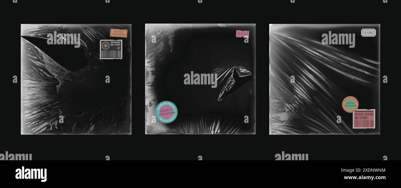 Torn plastic film covers set for music album isolated on black ...