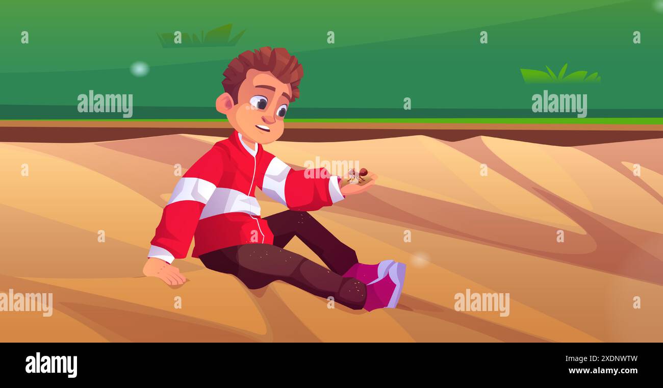 Kid boy explorer watching on ant insect vector. Grass in public park ...