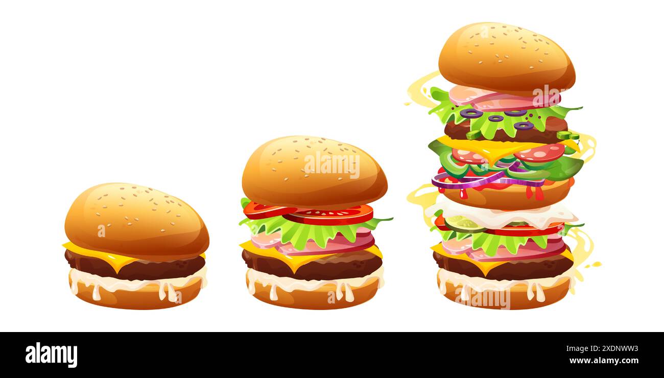 Small and big burgers set isolated on white background. Vector cartoon ...