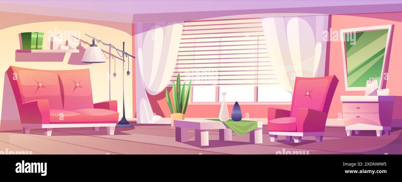 Cozy living room interior with pink furniture and walls on sunny day ...