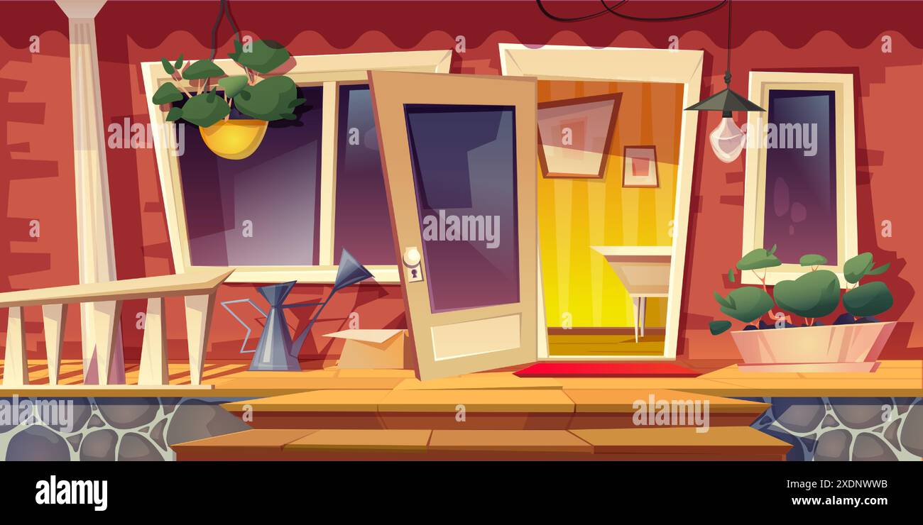 House facade with porch and stairs. Vector cartoon illustration of home ...