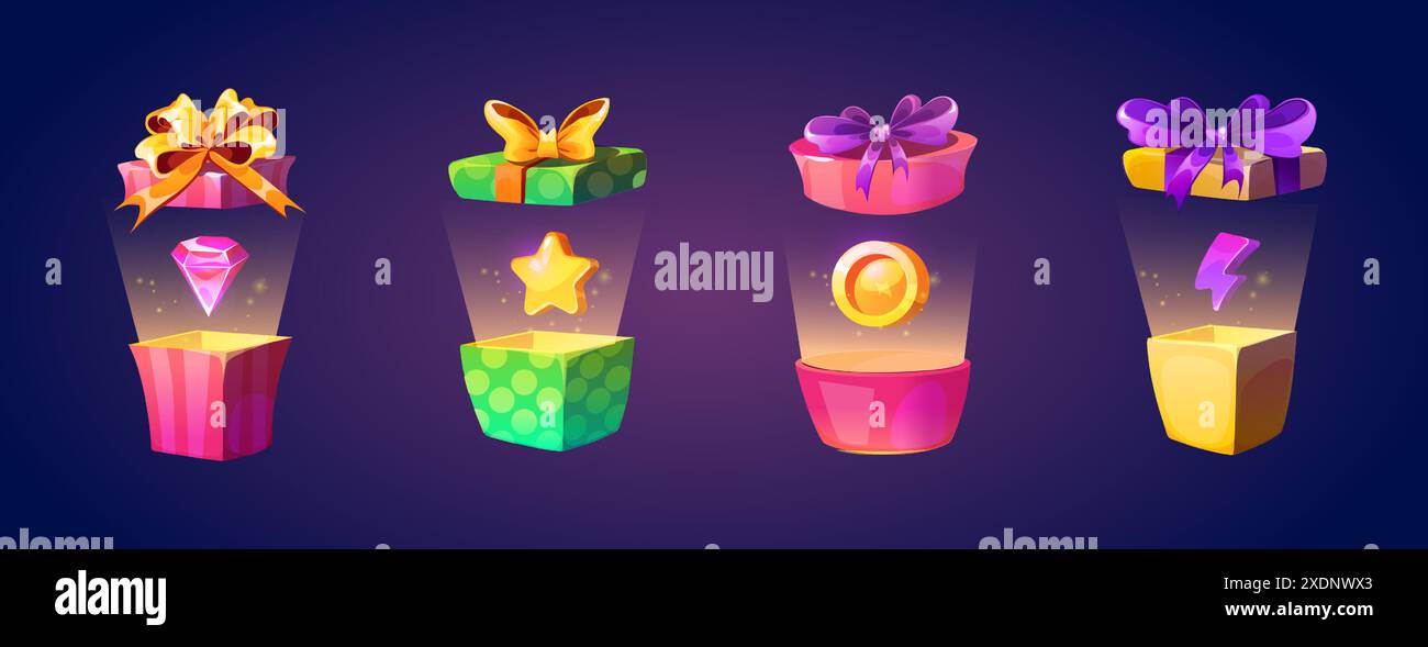 Open gift boxes with flying cap, magic light from inside and game loot ...