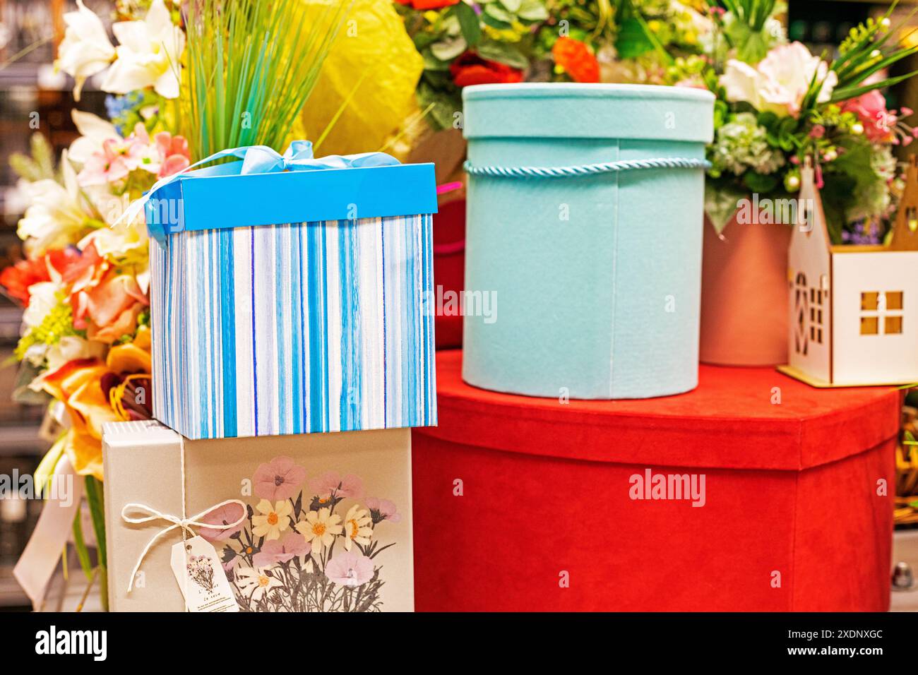multi-colored holiday packages on the counter in a supermarket Stock ...