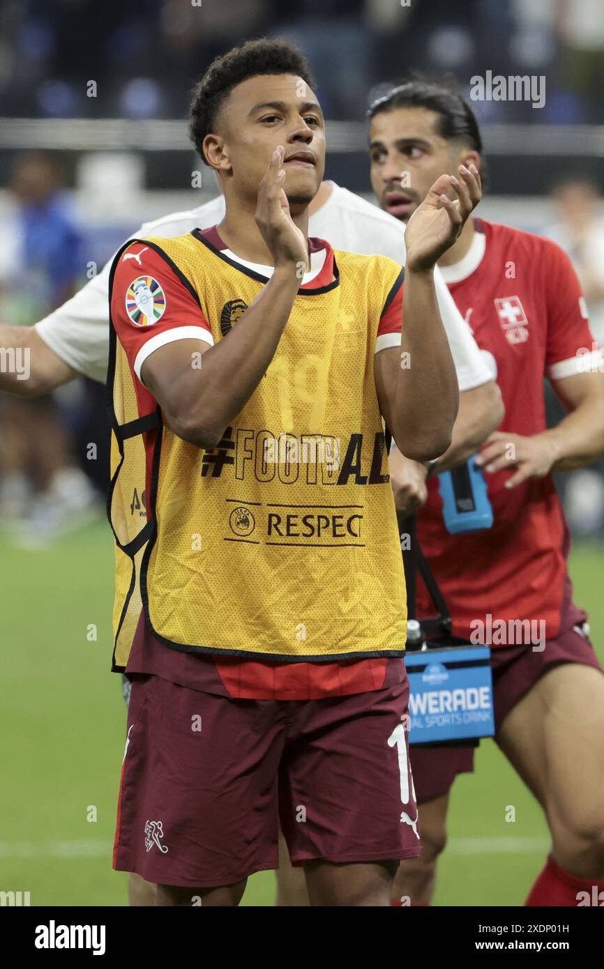 Dan Ndoye of Switzerland salutes the supporters following the UEFA Euro ...
