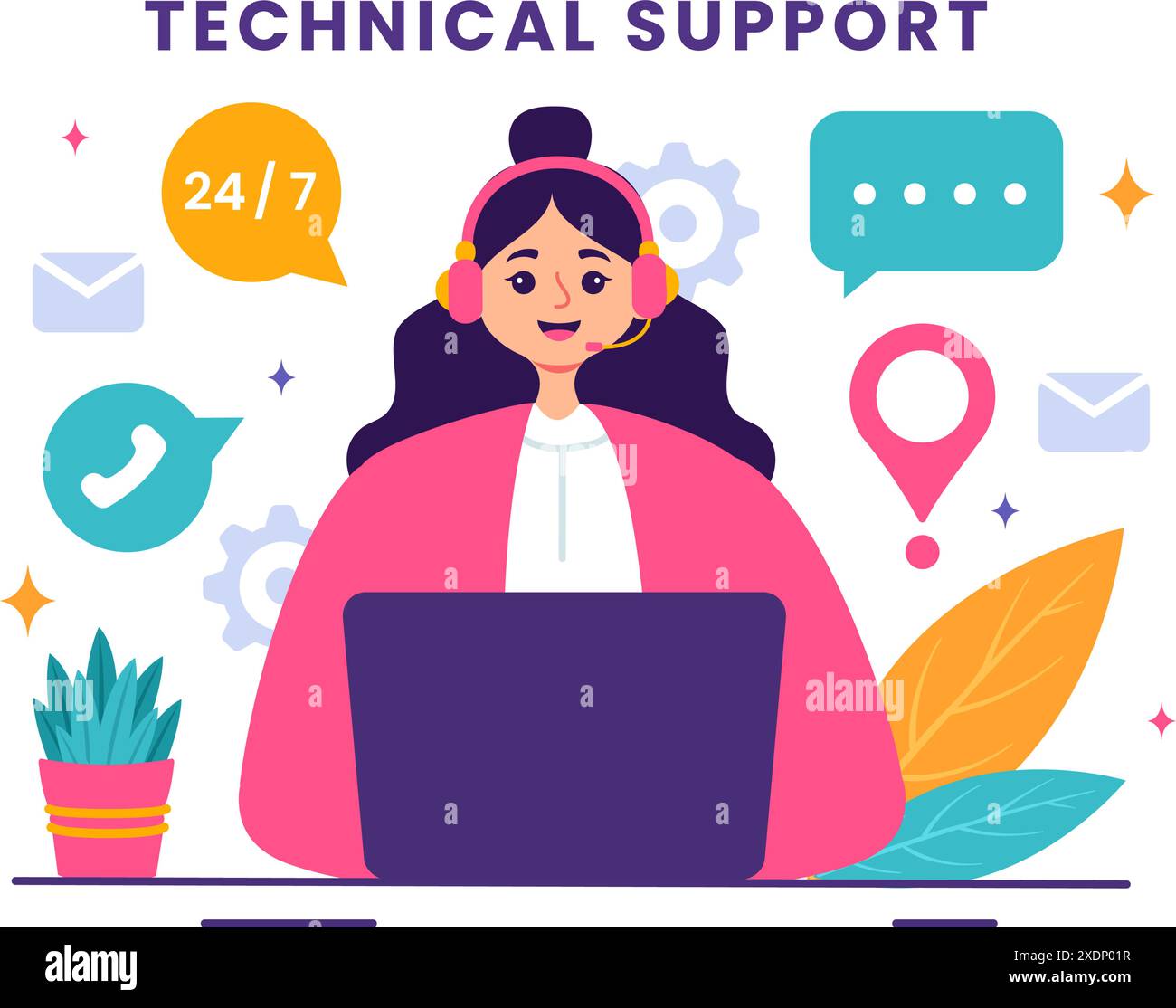 Vector Illustration of a Technical Support System featuring Software ...