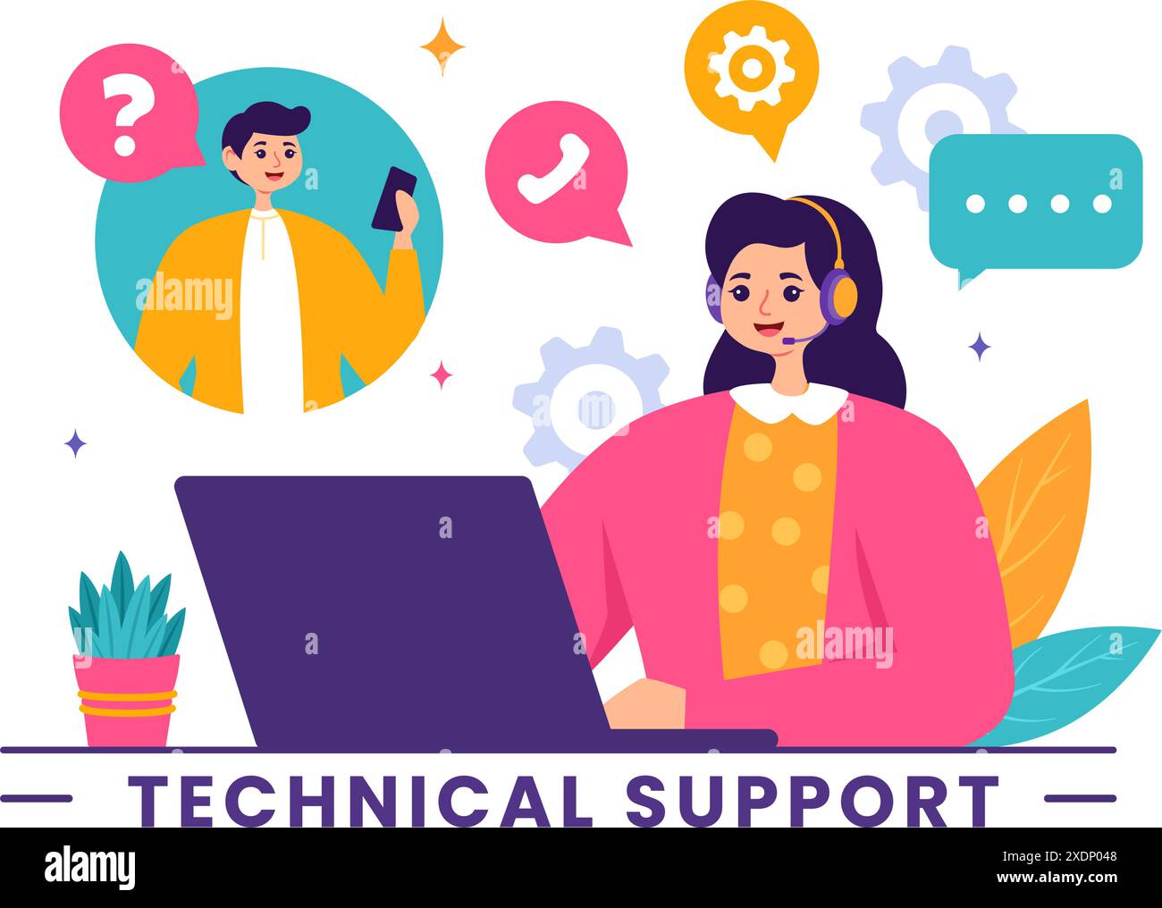 Vector Illustration of a Technical Support System featuring Software ...
