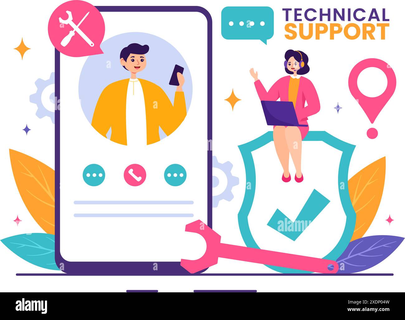 Vector Illustration of a Technical Support System featuring Software Development, Customer ...