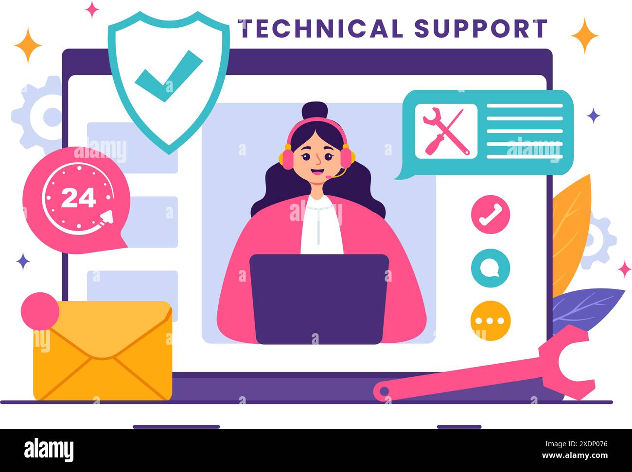 Vector Illustration of a Technical Support System featuring Software ...