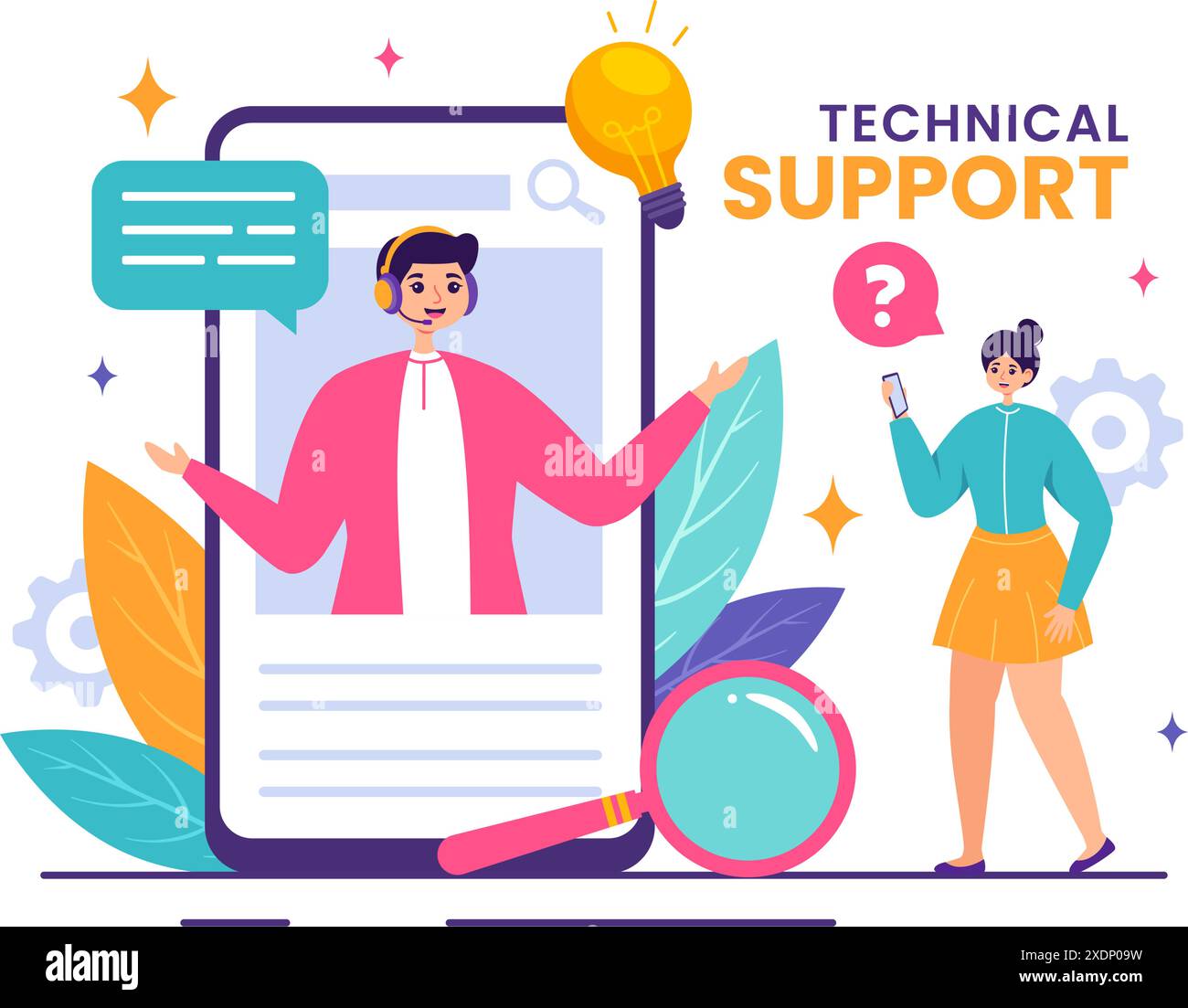 Vector Illustration of a Technical Support System featuring Software ...