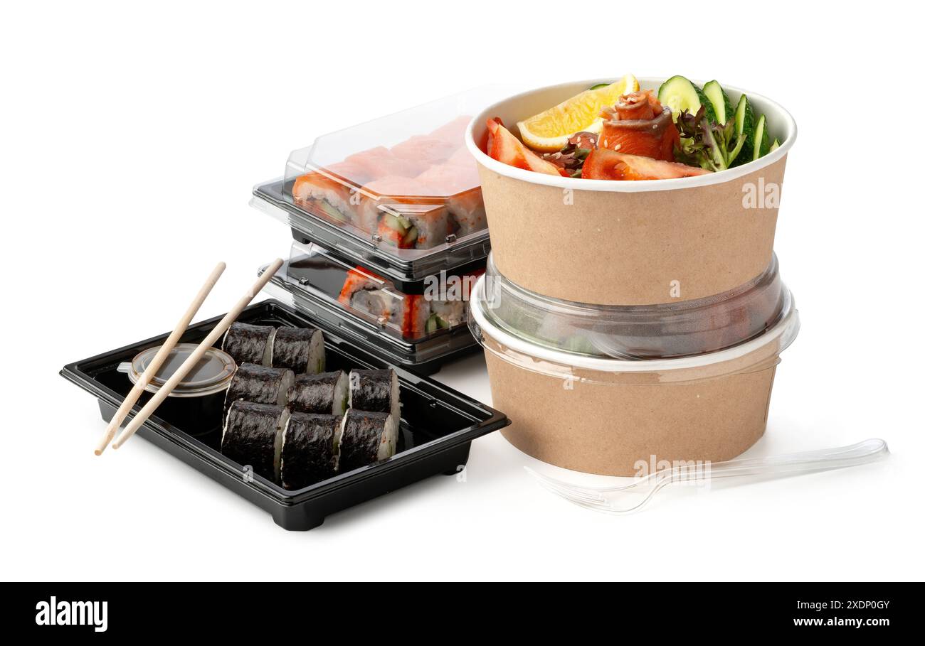 Poke bowls and sushi rolls on white background Stock Photo - Alamy