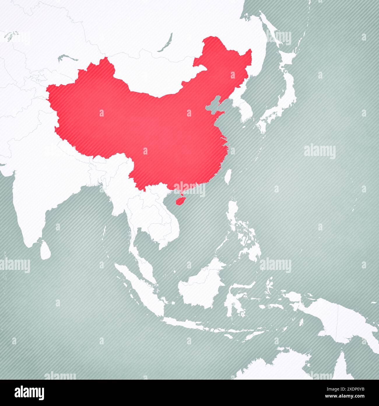 China on the map of East and Southeast Asia with softly striped vintage ...