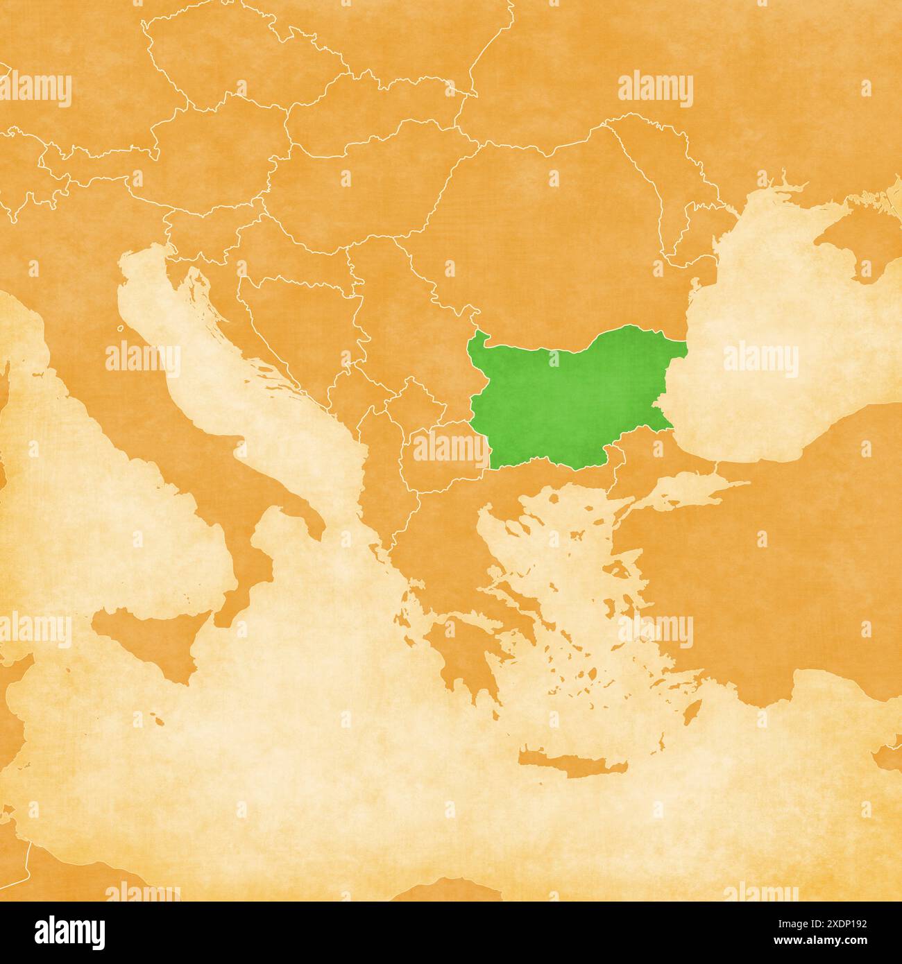 Bulgaria on an ocher retro map of the Balkans on old vintage paper ...