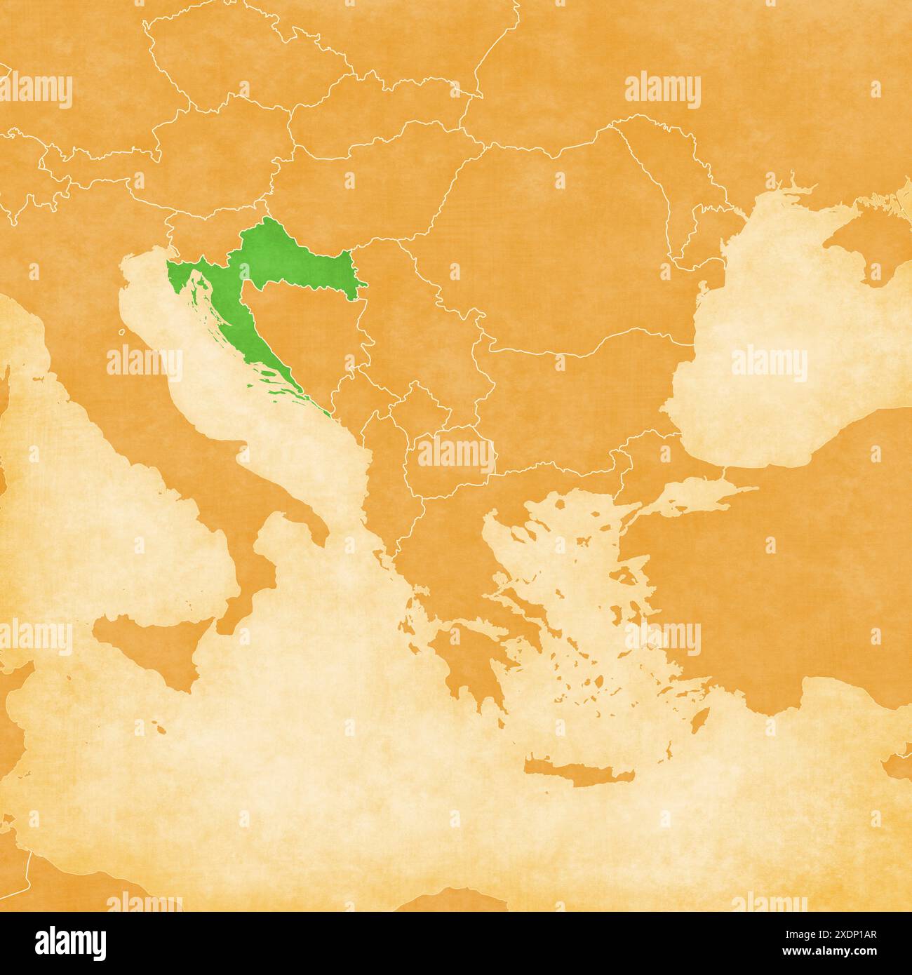 Croatia on an ocher retro map of the Balkans on old vintage paper Stock ...