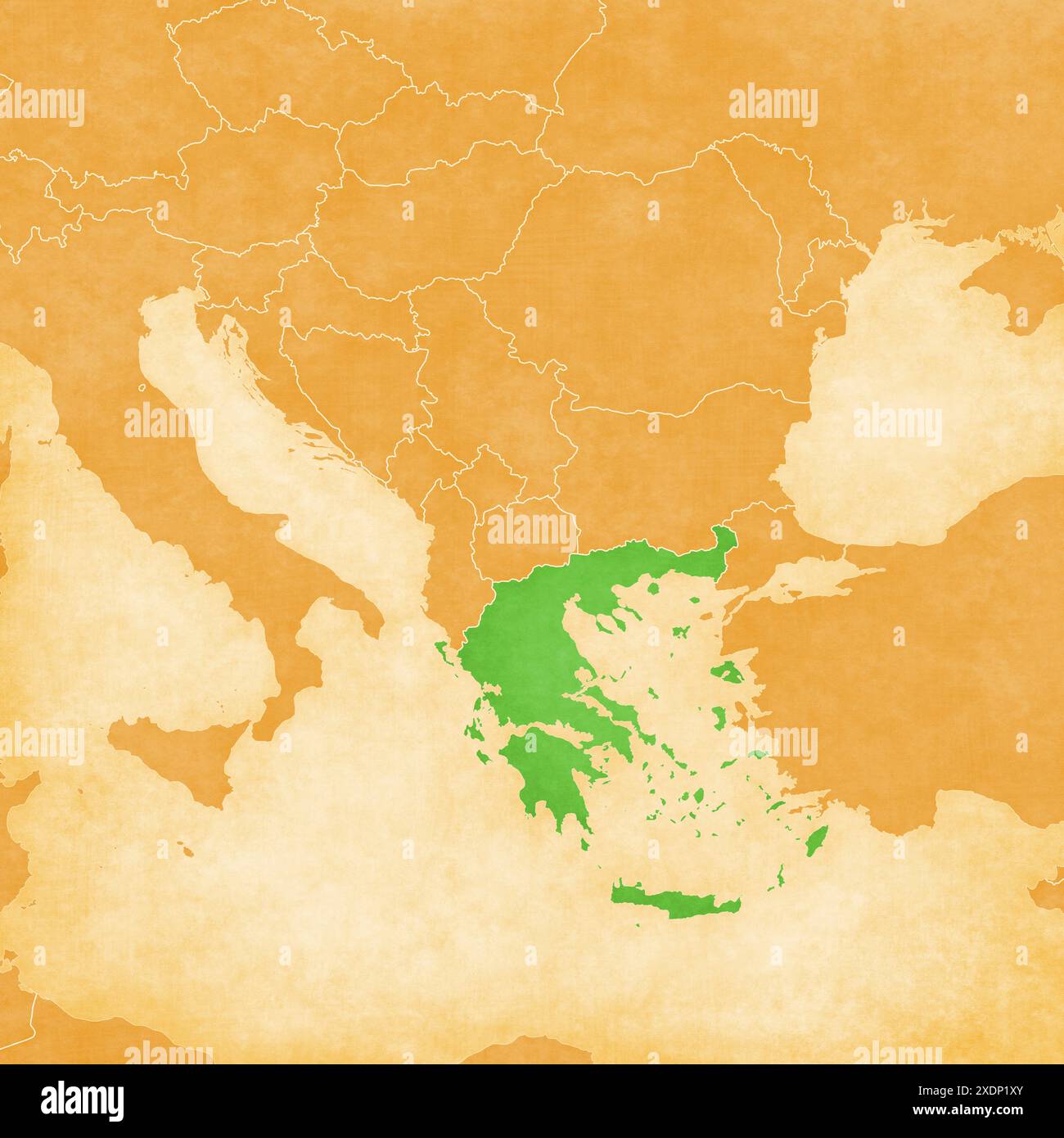 Greece on an ocher retro map of the Balkans on old vintage paper Stock ...