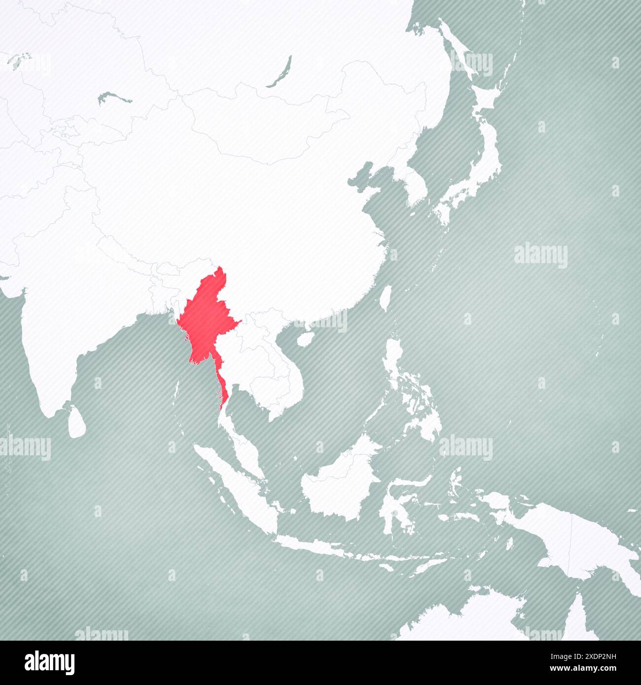 Myanmar on the map of East and Southeast Asia with softly striped ...