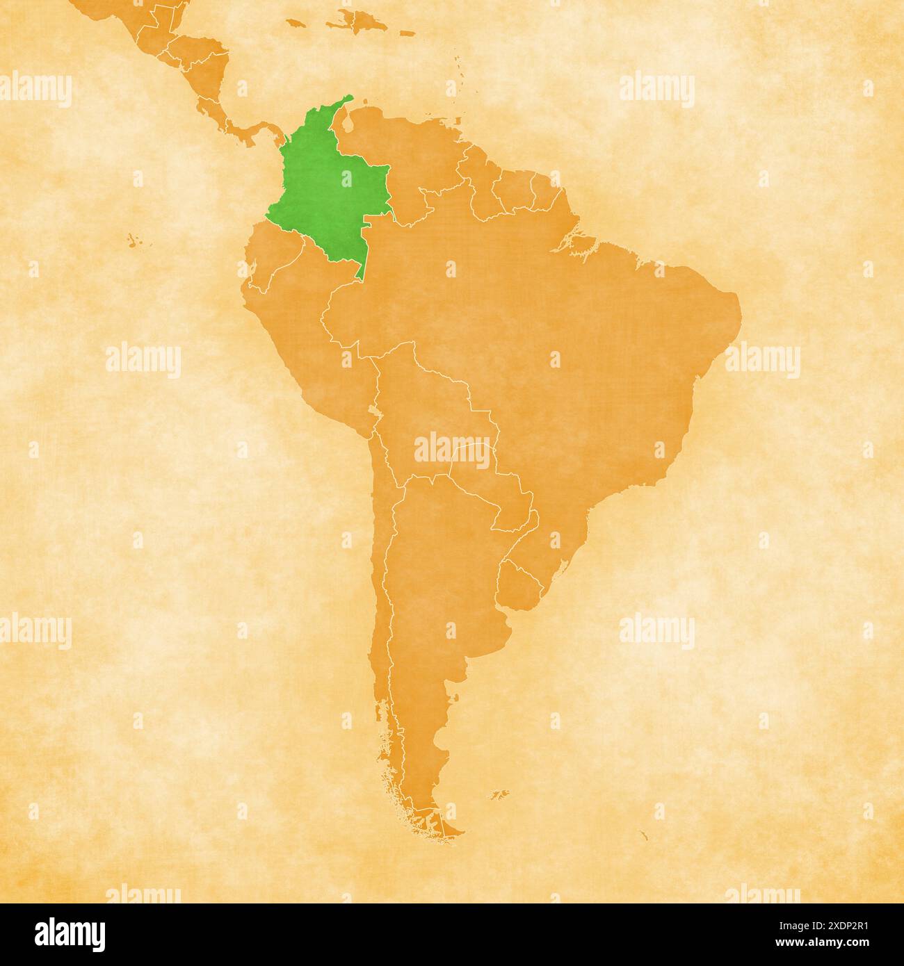 Colombia on an ocher retro map of South America on old vintage paper ...