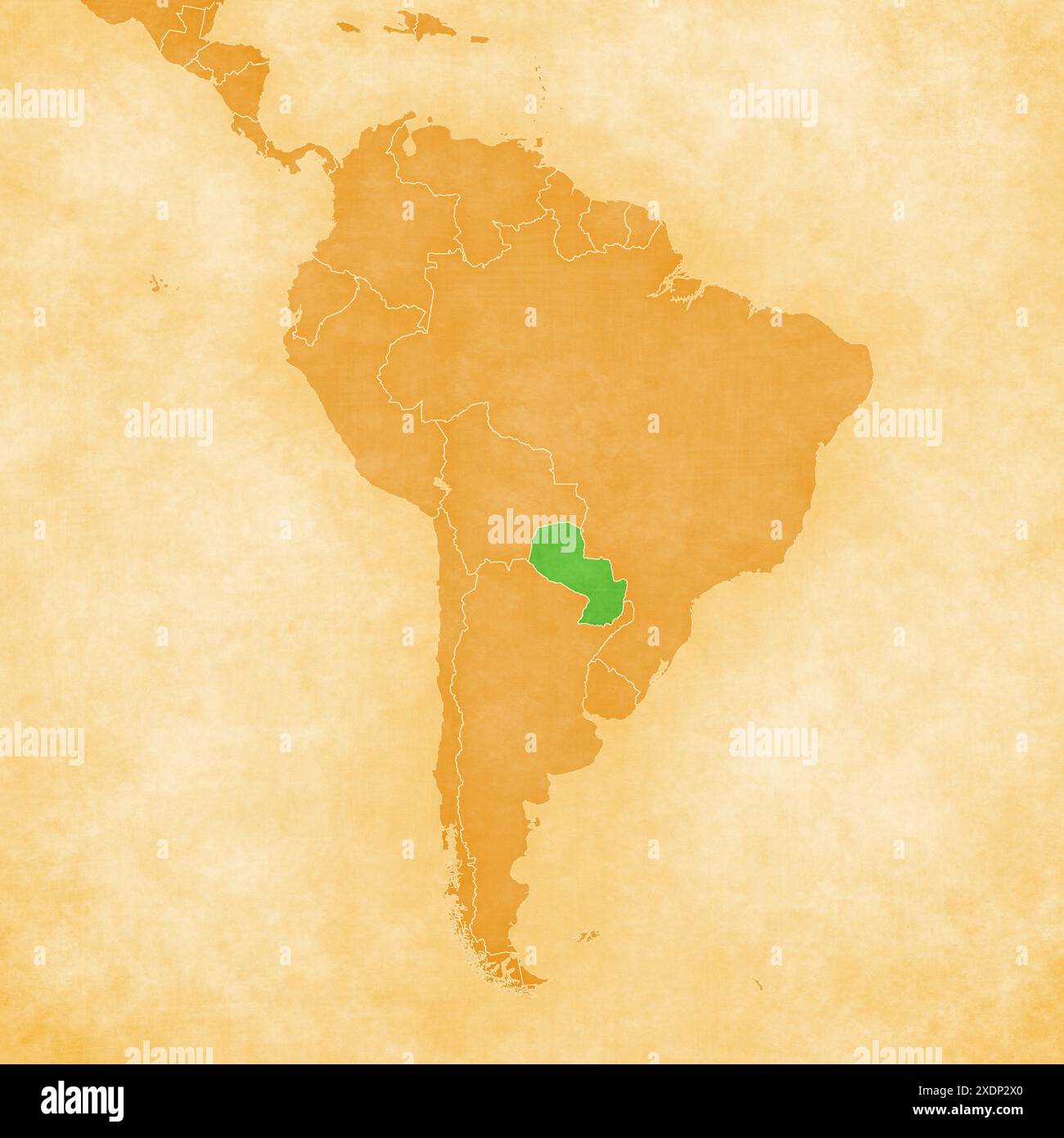 Paraguay on an ocher retro map of South America on old vintage paper ...