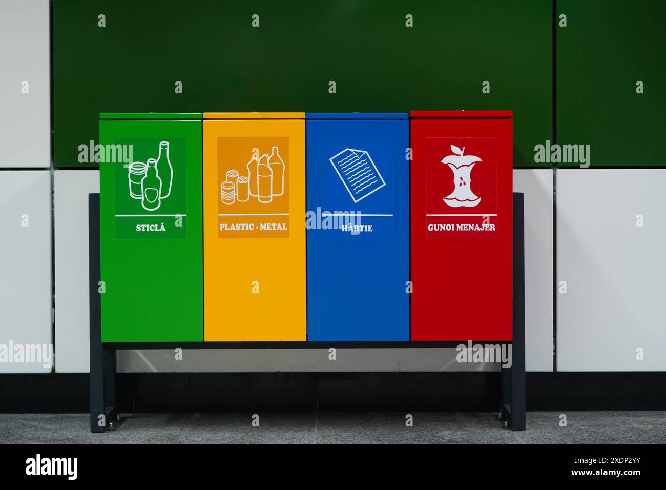 Selective recycling bins in metro station in Bucharest (glass, plastic ...