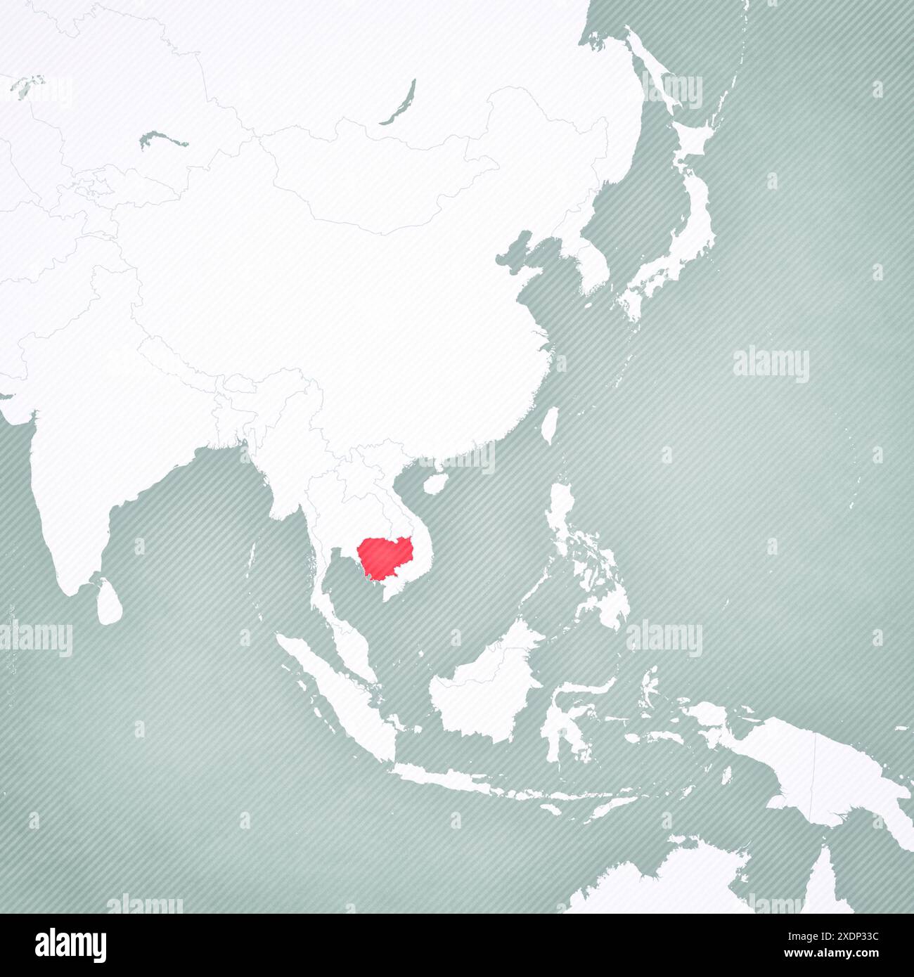 Cambodia on the map of East and Southeast Asia with softly striped ...
