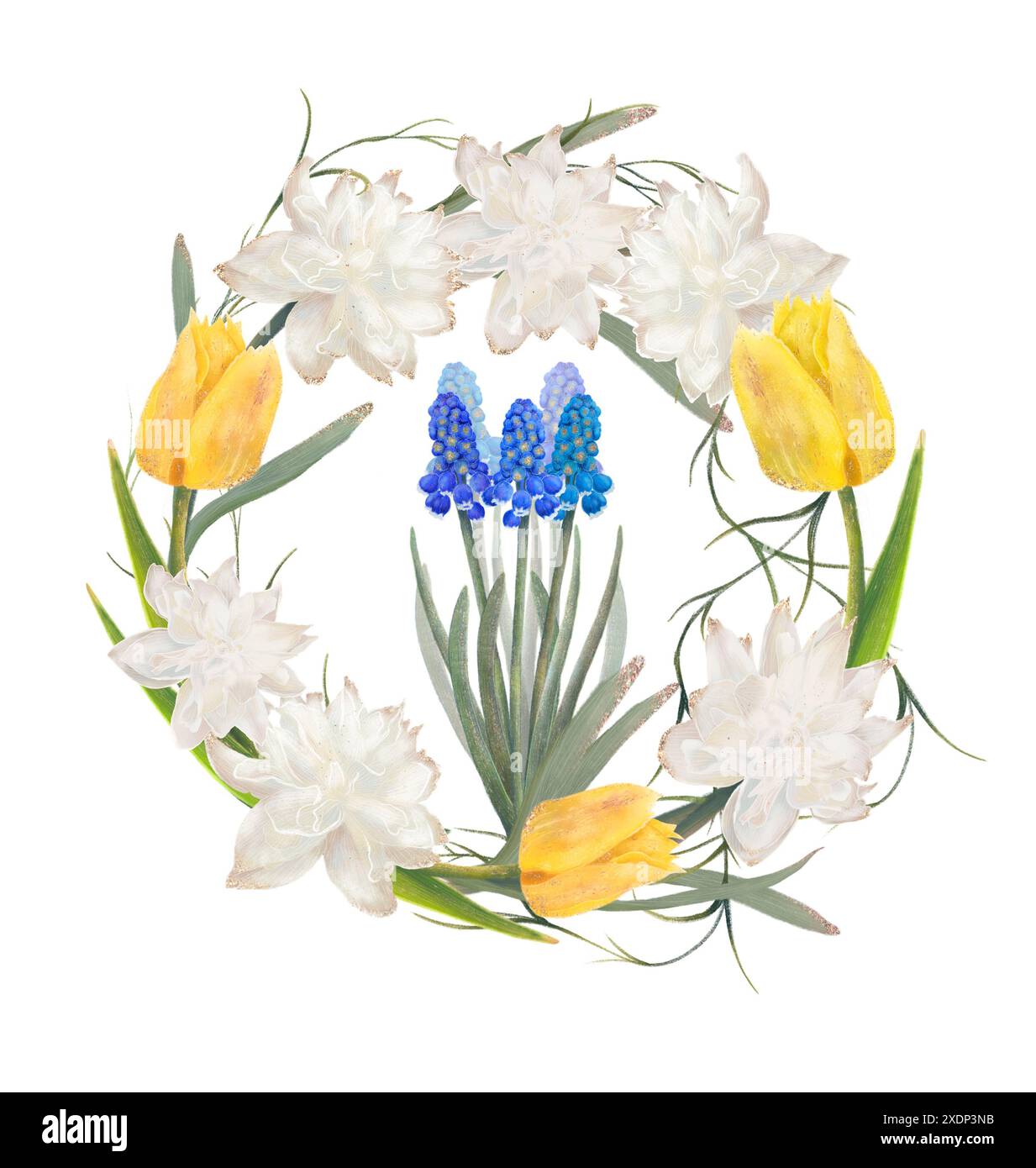 A delicate spring wreath featuring white flowers, yellow tulips, and ...