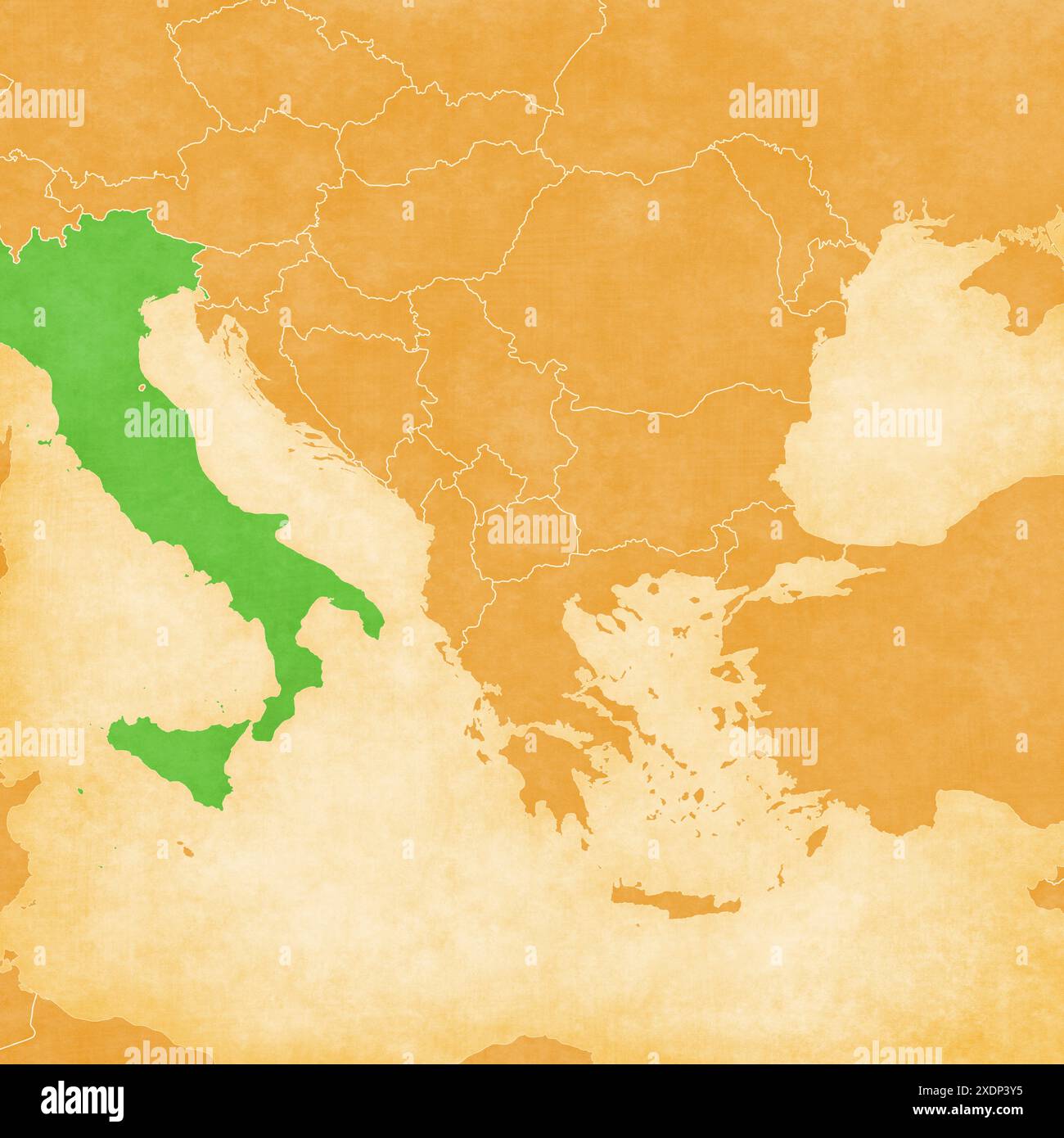 Italy on an ocher retro map of the Balkans on old vintage paper Stock ...