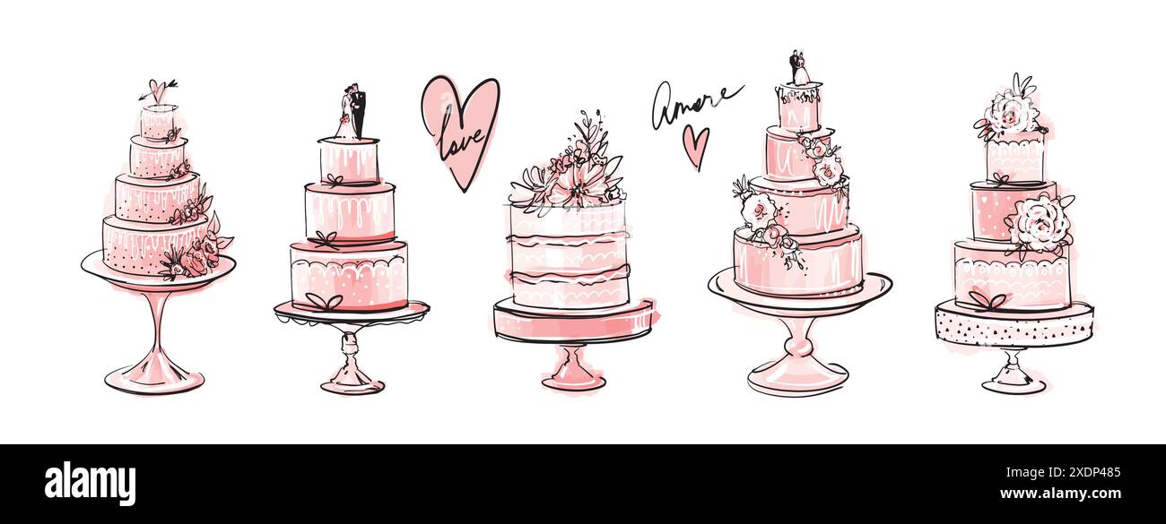 Set of beautiful tiered wedding cakes, trendy sketch, freehand drawing ...