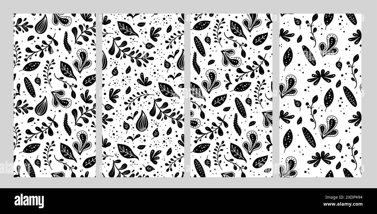Seamless neo folk art vector patterns set with flowers, black and white ...