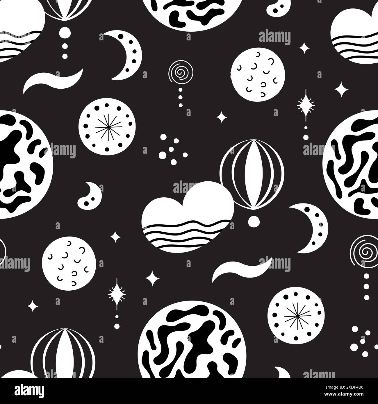 Seamless neo folk patterns with moon, cloud, sun and stars, black and ...